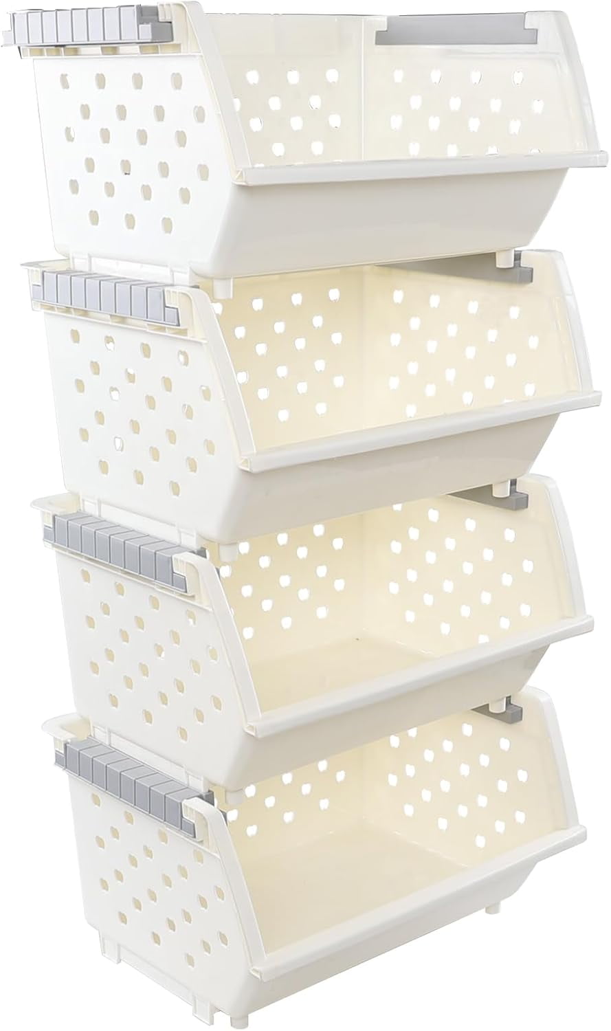 4-Pack White Large Stacking Basket, Plastic Stackable Detachable ...