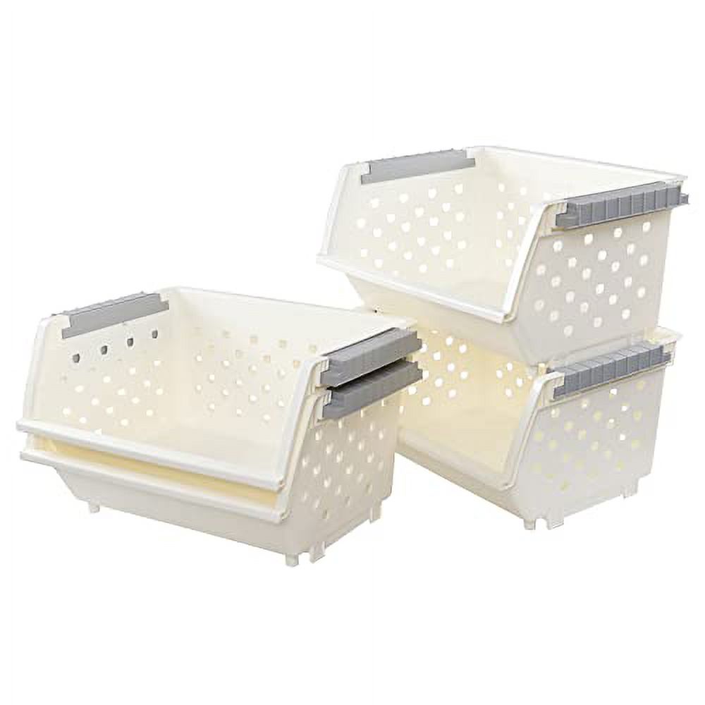 4-Pack White Large Stacking Basket, Plastic Stackable Detachable ...