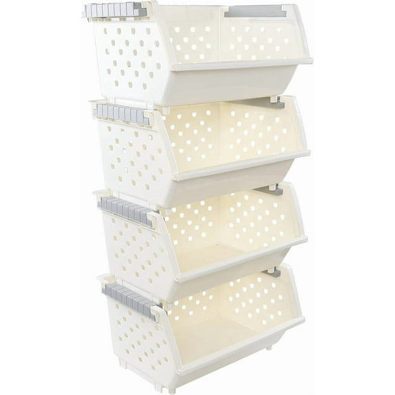 4-Pack White Large Stacking Basket, Plastic Stackable Detachable ...