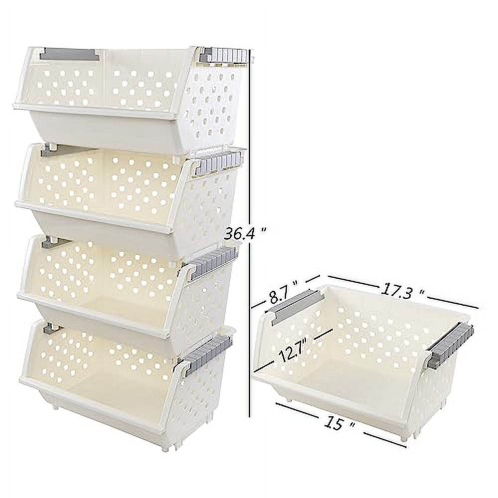 4-Pack White Large Stacking Basket, Plastic Stackable Detachable ...