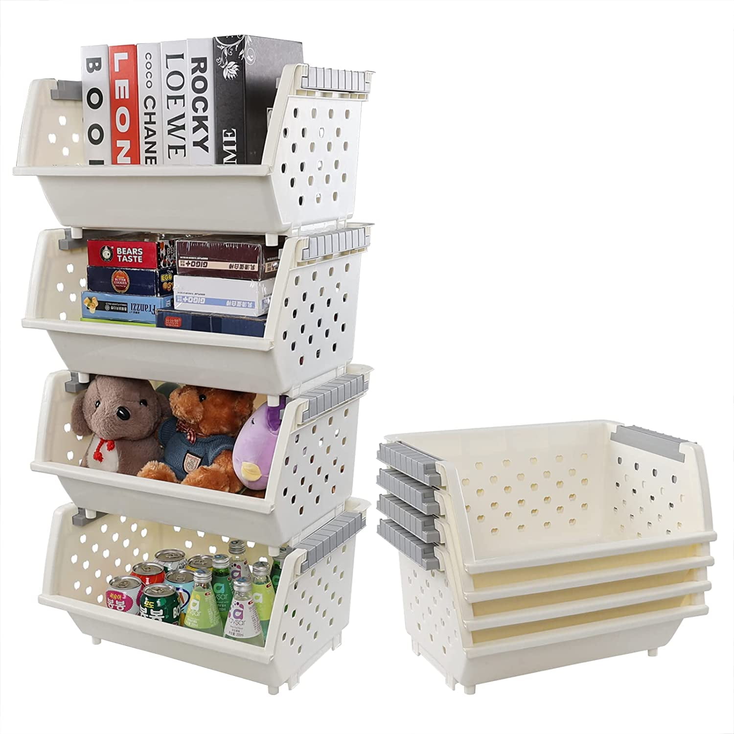 4-Pack White Large Stacking Basket, Plastic Stackable Detachable ...