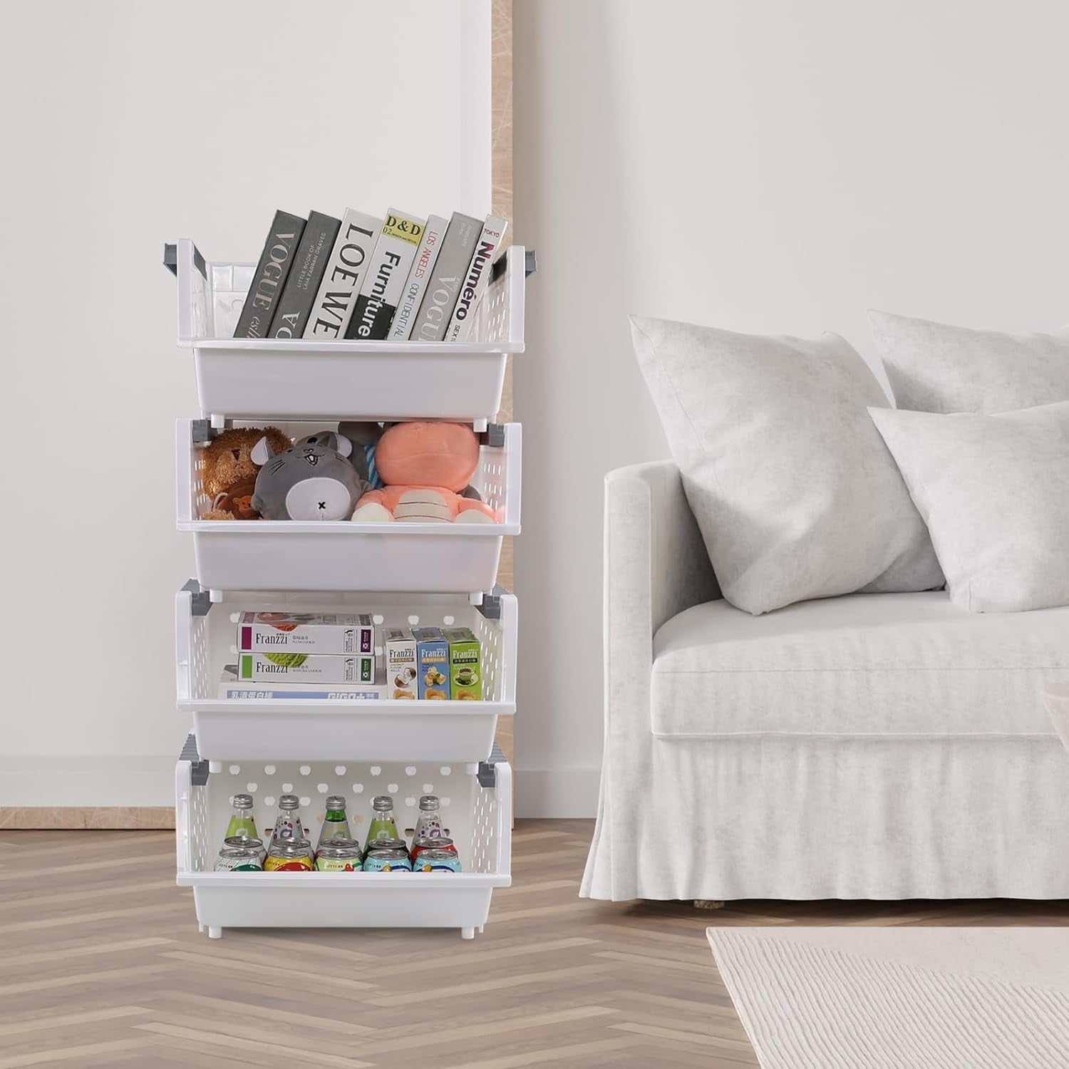 4 Pack White Organizer Kitchen Stacking Basket Bins, Large Plastic ...