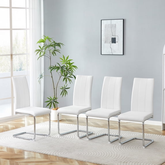 4-Pack White PU Upholstered Dining Chairs, High-Back with Chrome-Plated ...