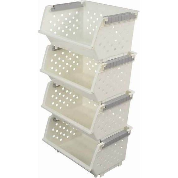 4-Pack White Stackable Storage Basket, Stacking Kitchen Organizer Bins ...