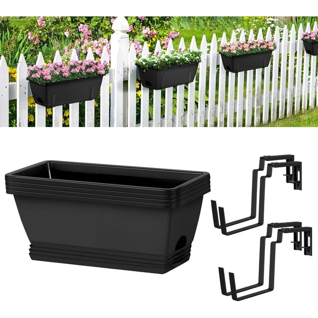 4 Pack Window Boxes Planters 17’’ Railing Planter Box with Adjustable Brackets, Deck Railing ...