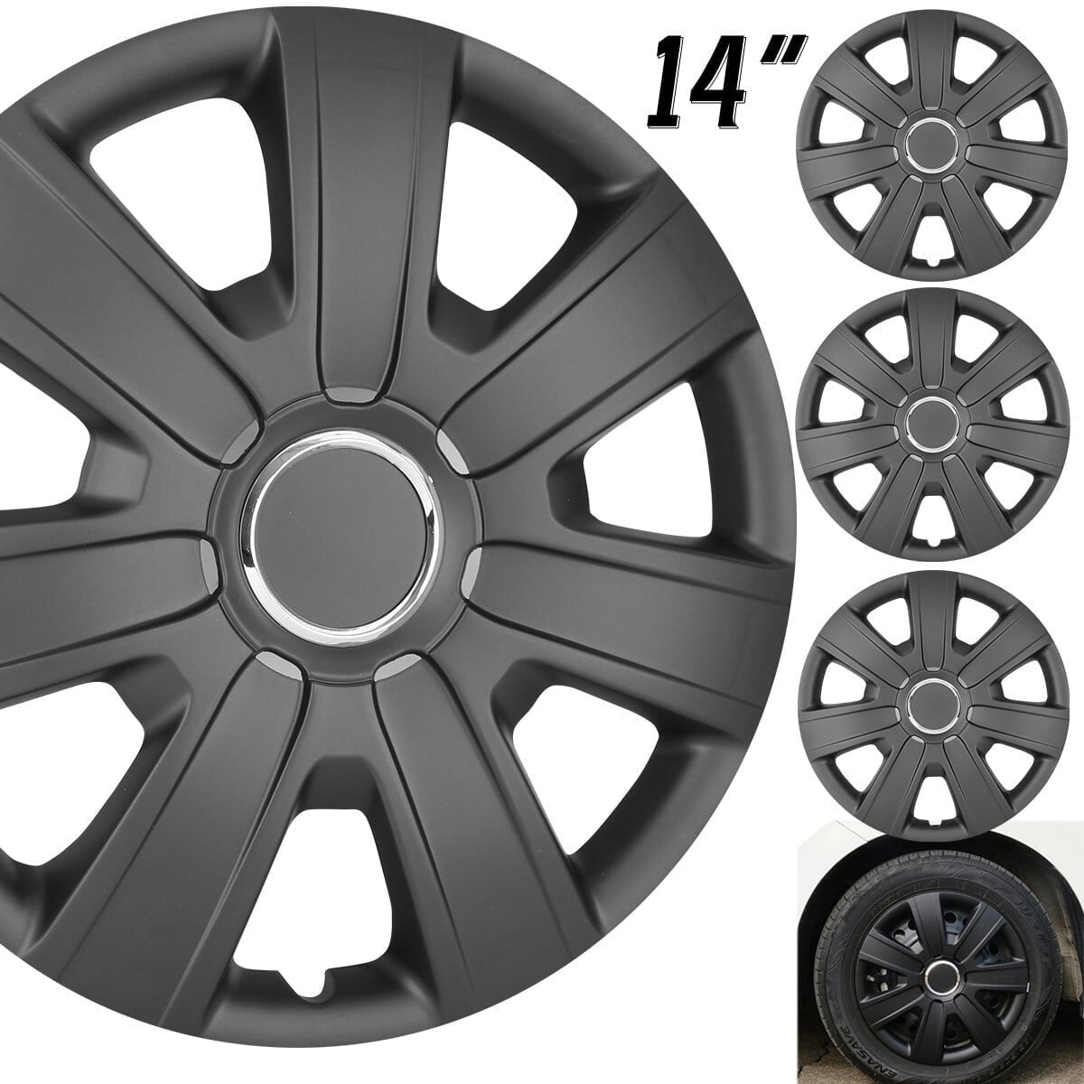 (4-Pack) Winjet 14 inch Universal Black Matte Wheel Covers Snap on Hub ...