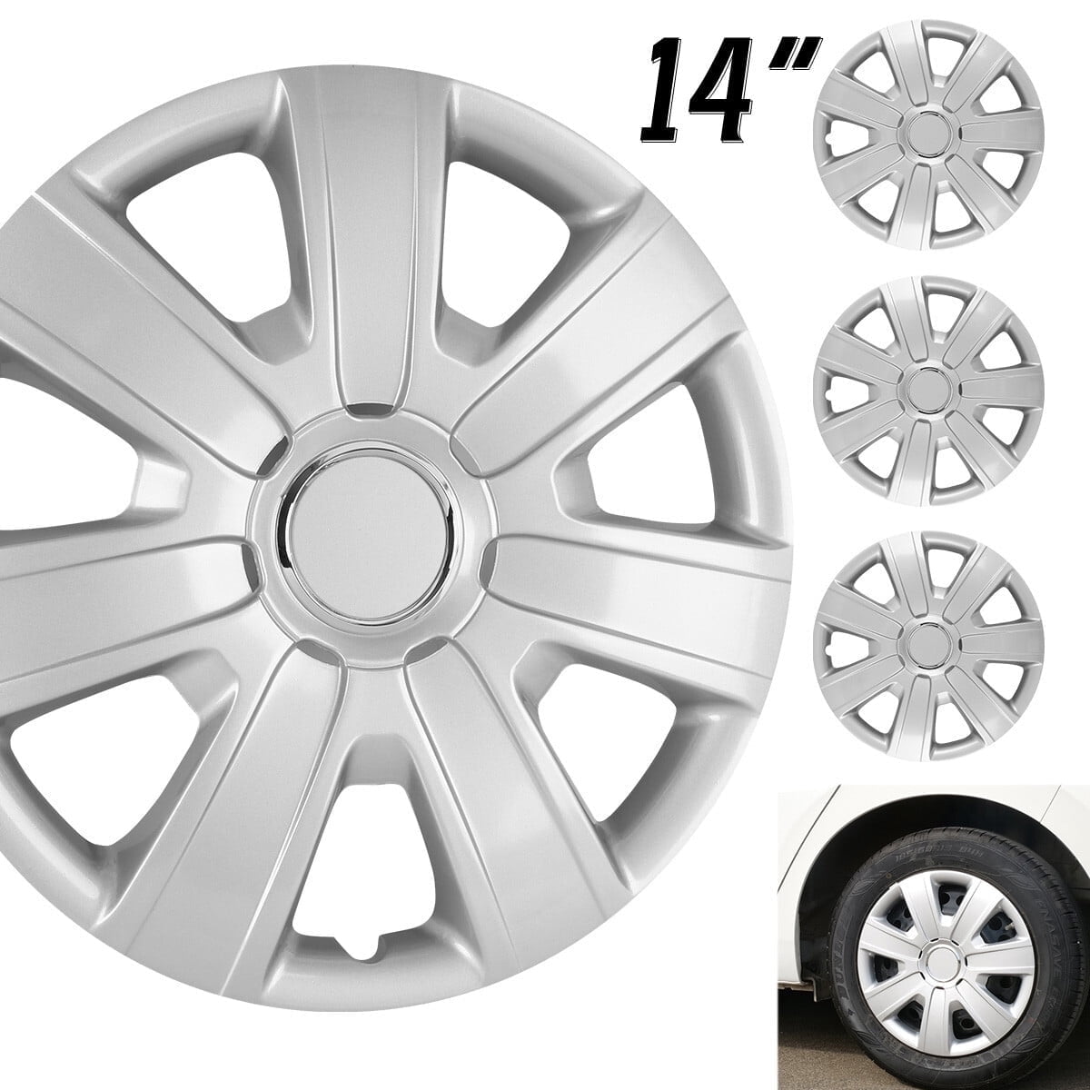 (4-Pack) Winjet 14 Inch Universal Black Wheel Covers Snap On Hub Caps ...
