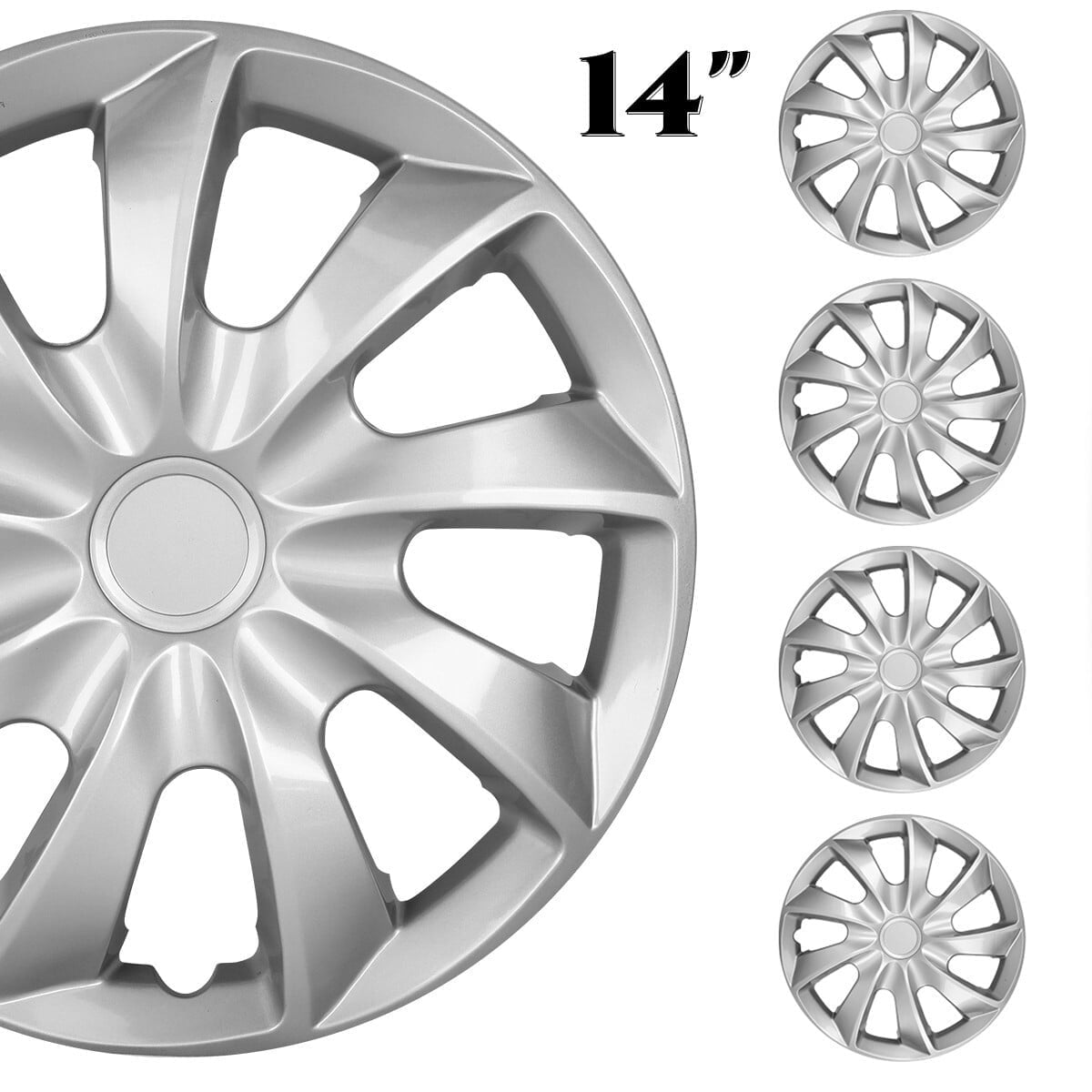 (4-Pack) Winjet 14 Inch Universal Silver Wheel Covers Snap On Hub Caps ...