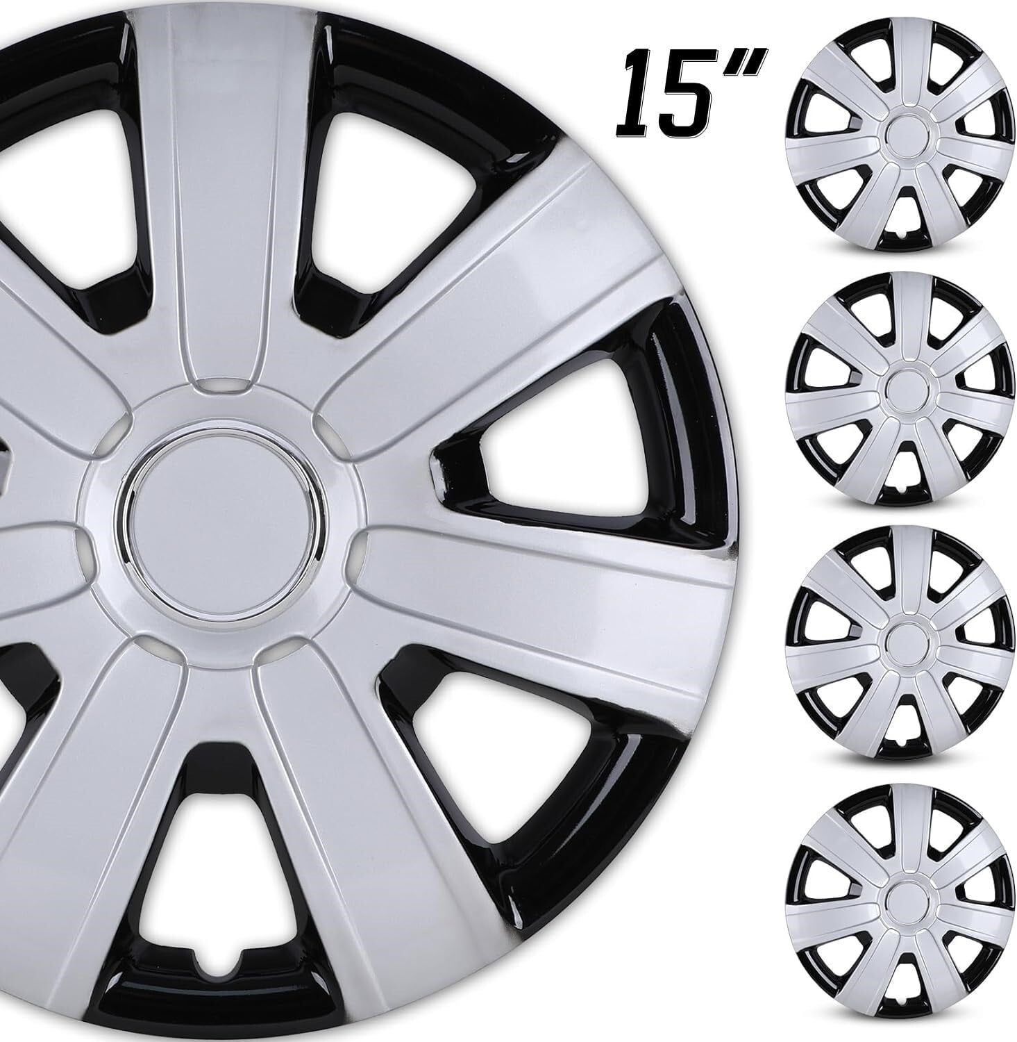 (4-Pack) Winjet 15 Inch Universal Black Wheel Covers Snap On Hub Caps ...