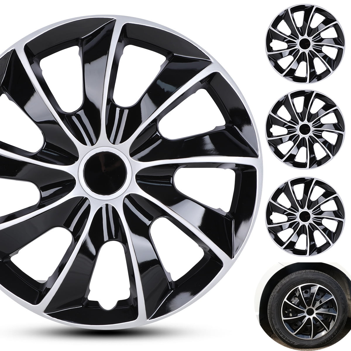 (4-Pack) Winjet 15 Inch Universal Silver&Black Wheel Covers Snap On Hub ...