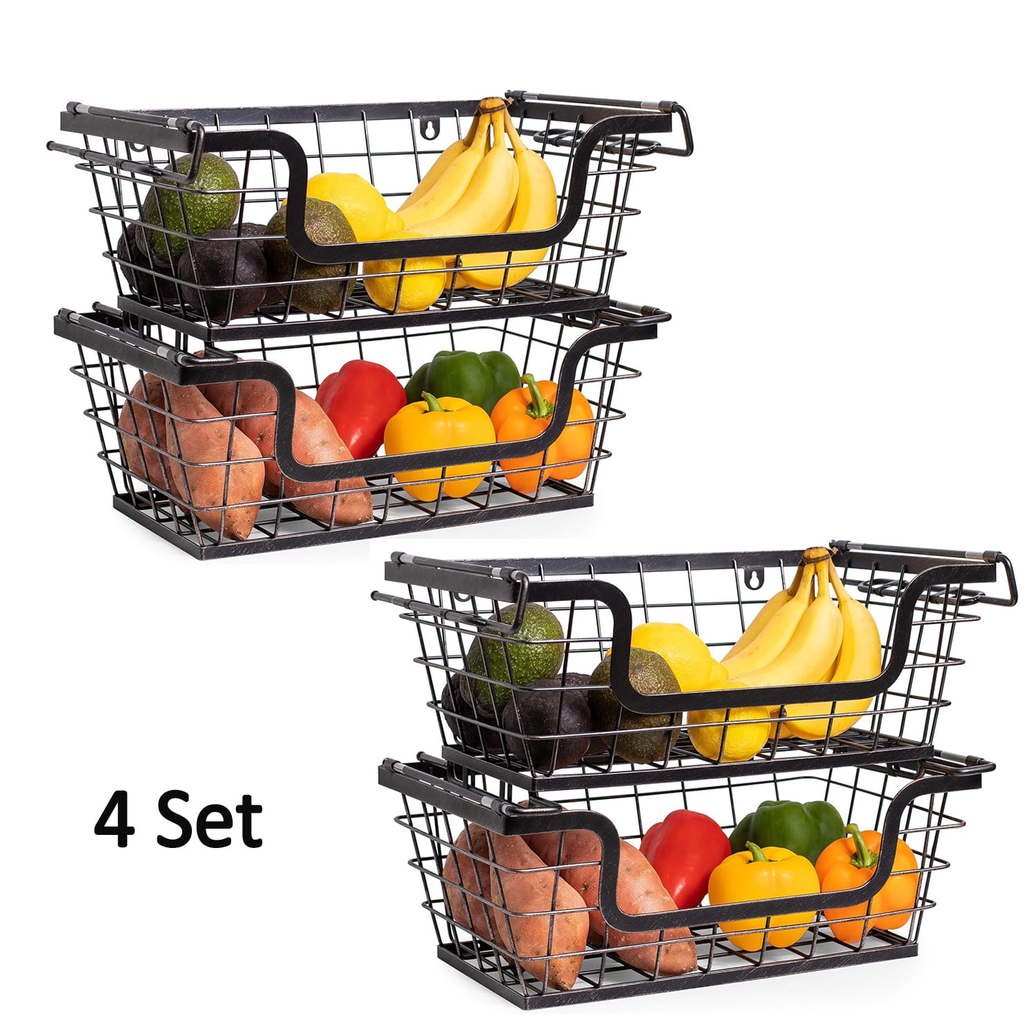4 Pack Wire Storage Baskets, Stackable, Hanging, Wall Shelf for Fruit ...