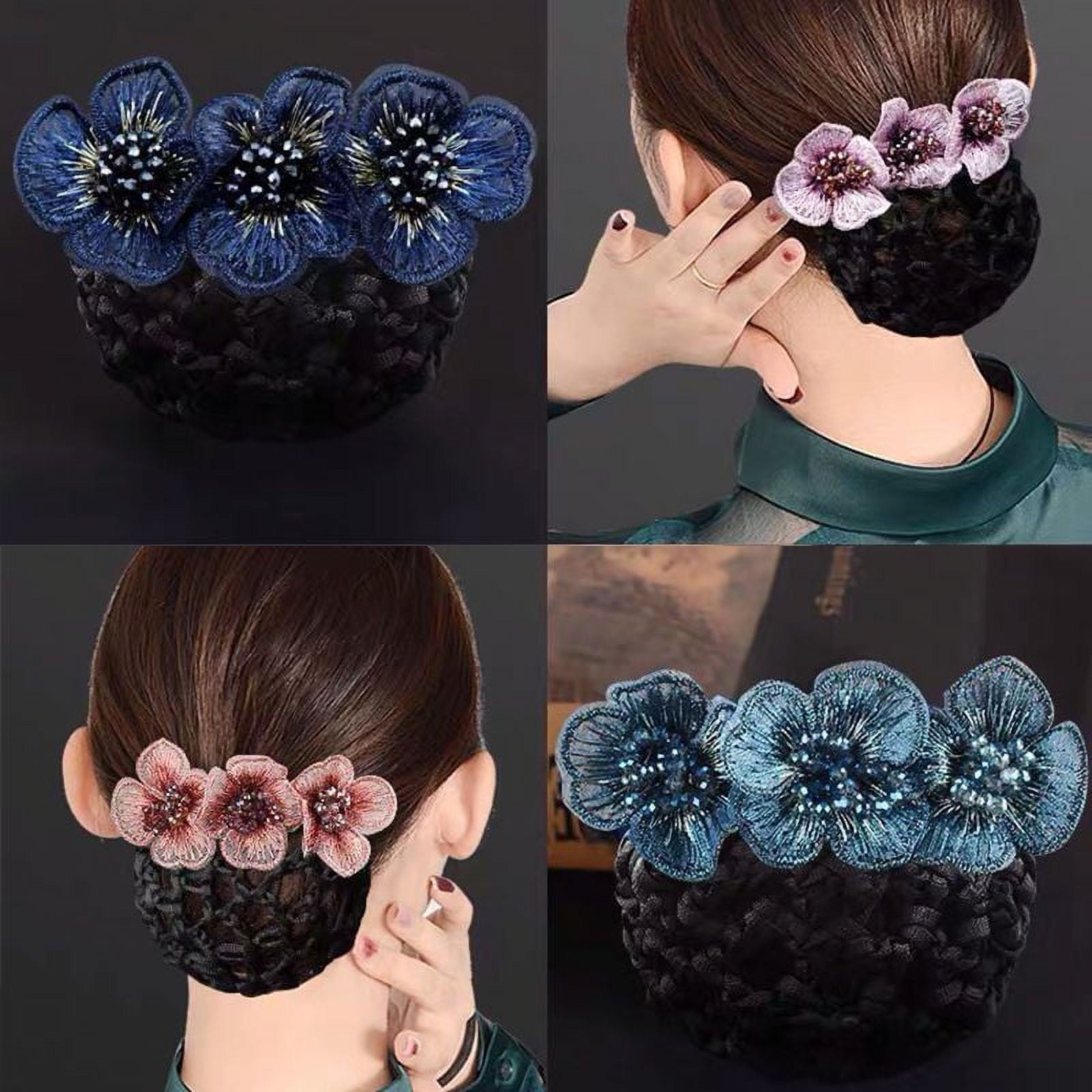 4 Pack Women Hair Bun Cover Net Snood, Flower Hair Barrette Hair Clips ...