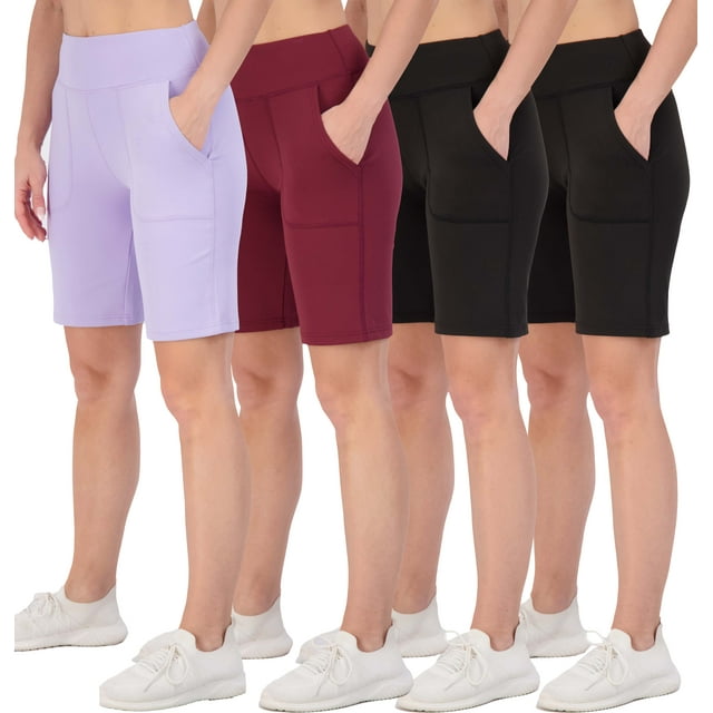 Real Essentials 4 Pack: Women's High Waisted Bermuda Yoga Shorts, 7" Long with Pockets, Plus ...
