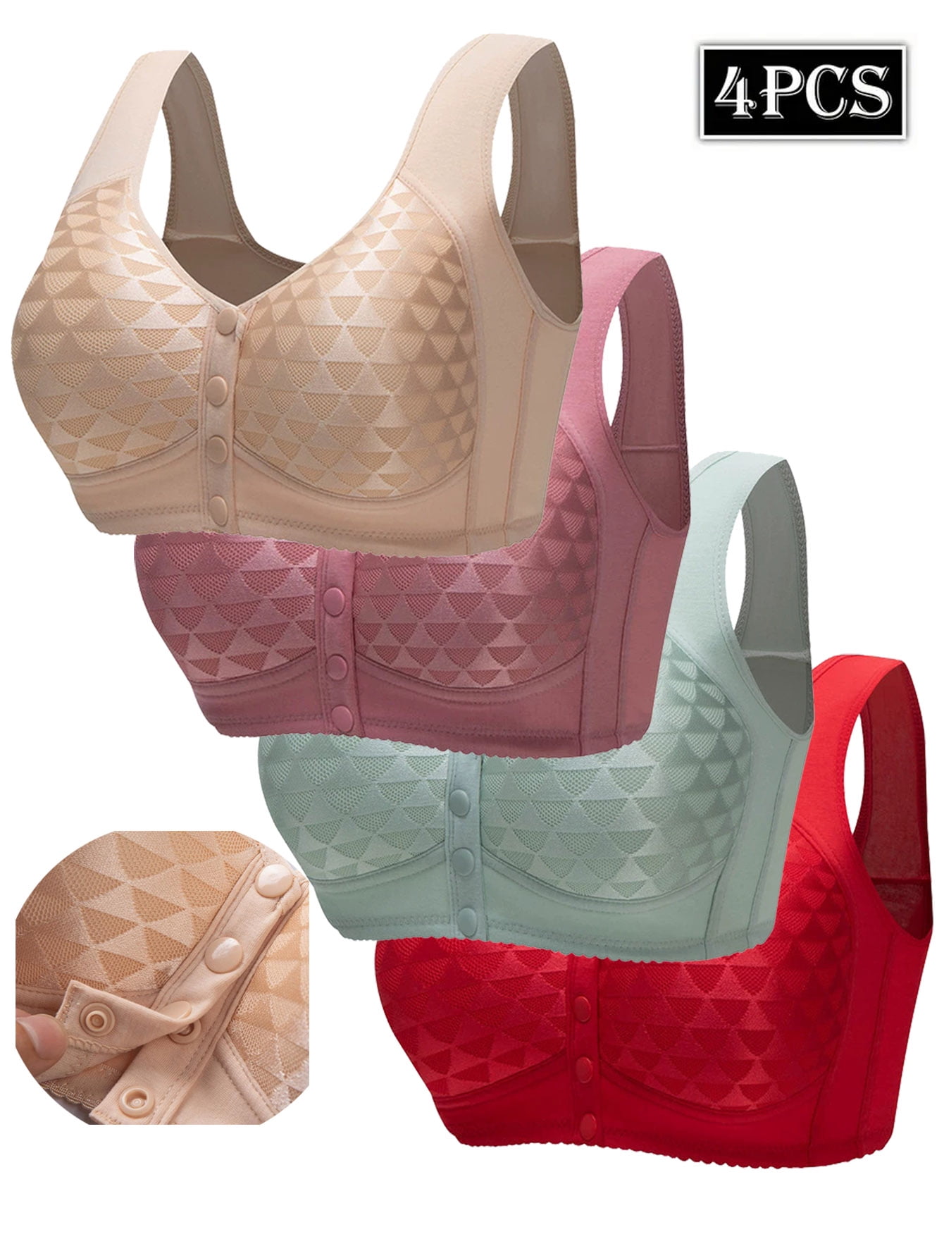 4 Pack Women's Front Closure Bras, Comfy Solid Color Bra Full Coverage ...