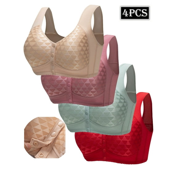4 Pack Women's Front Closure Bras, Comfy Solid Color Bra Full Coverage ...