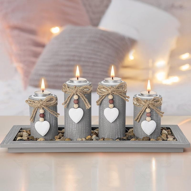 4-Pack Wooden Candle Holder Set with Tray, Elegant Tea Light Stand ...