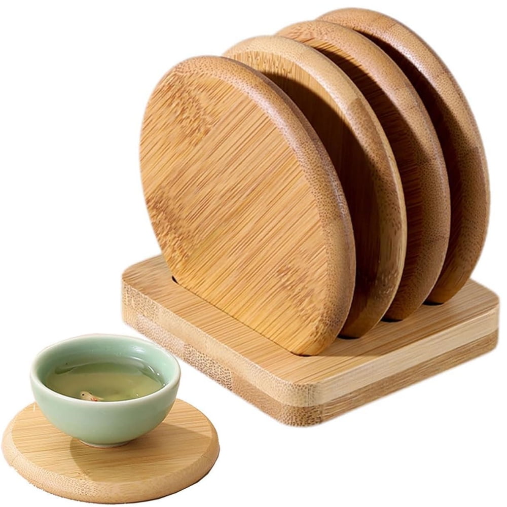 4 Pack Wooden Coffee Coaster with Brackets,Round Drink Cup Coasters ...