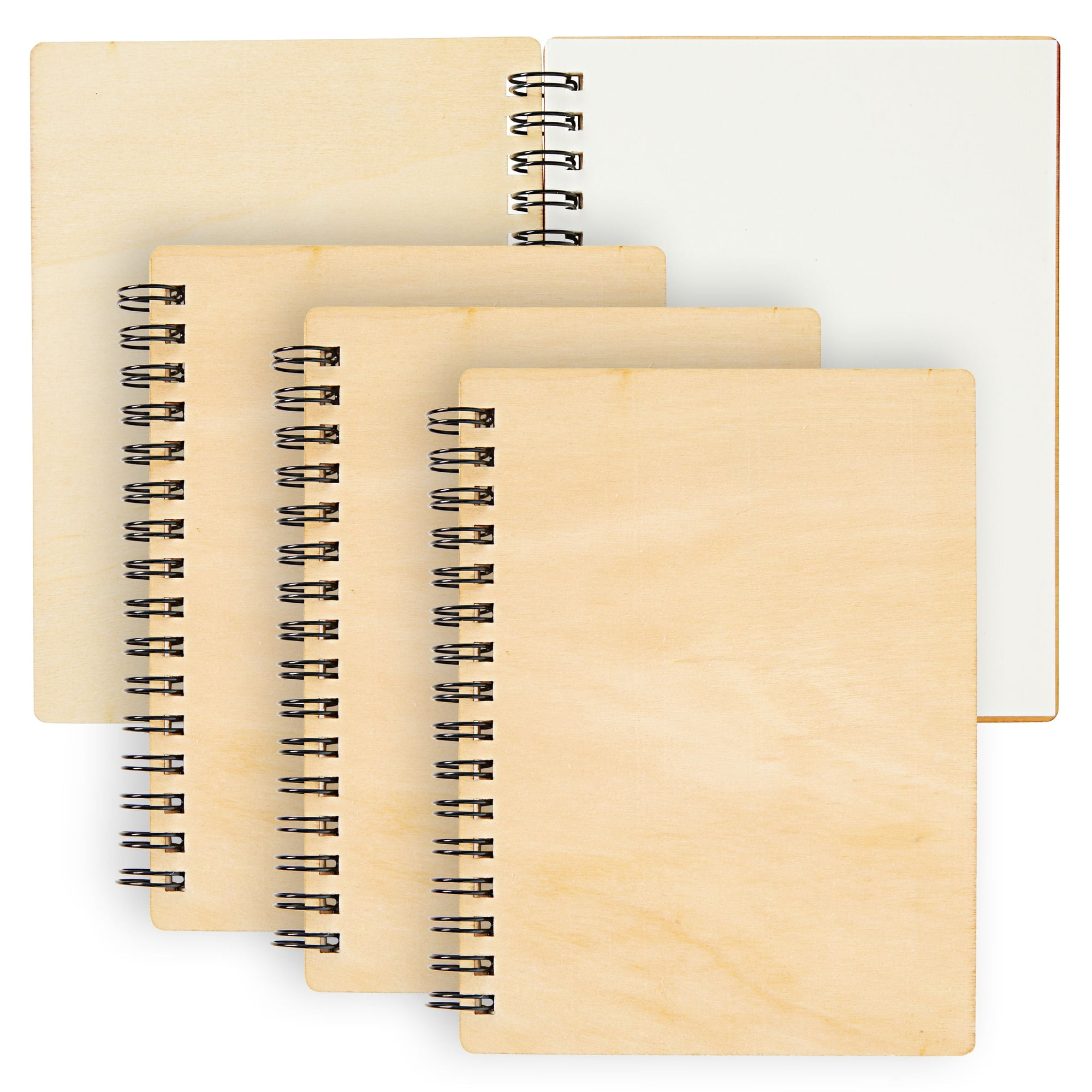 4 Pack Wooden Cover Notebook: Spiral Bound, Unruled, DIY Craft Journal ...
