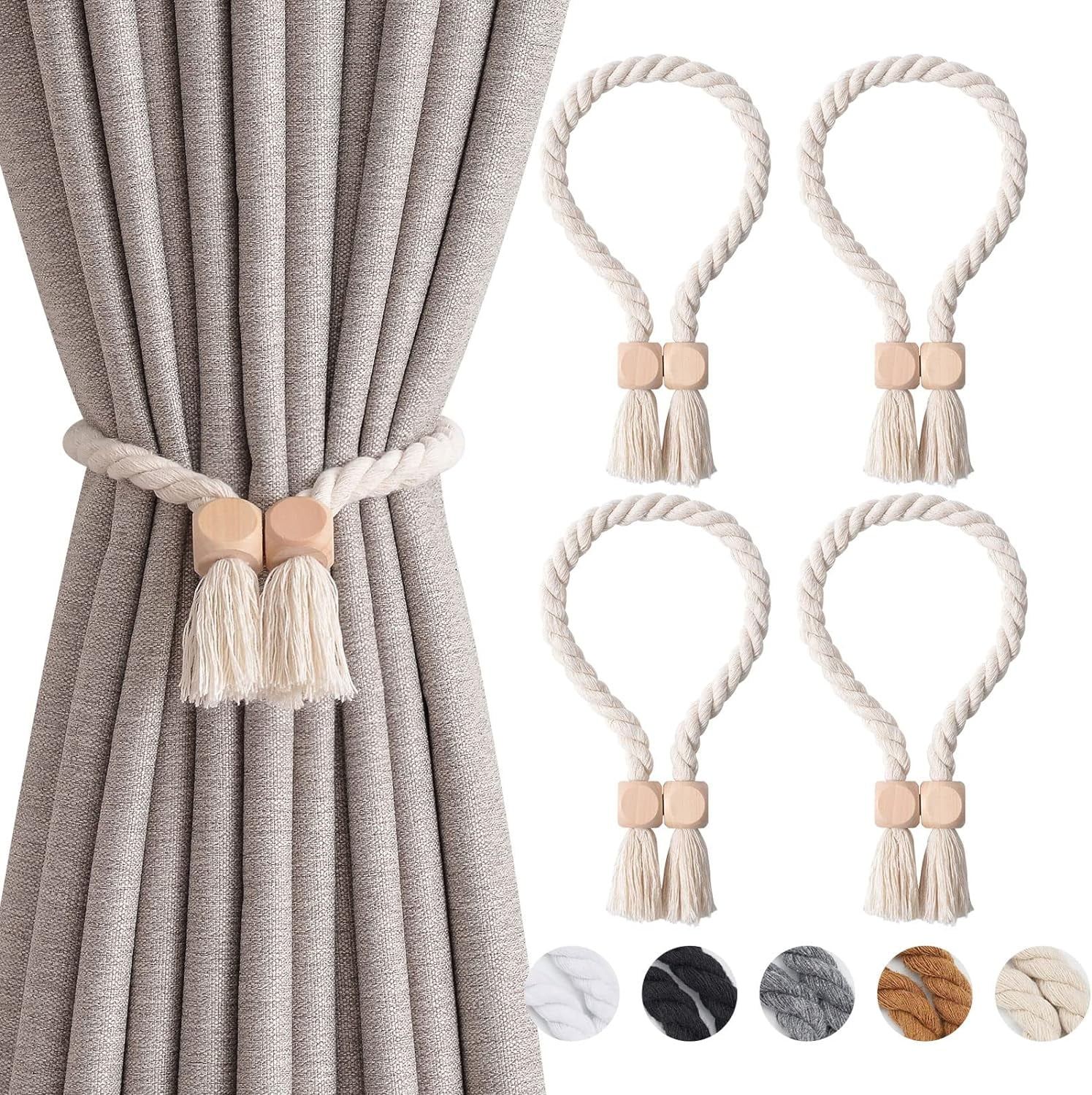 4 Pack Wooden Cube Magnetic Curtain Tiebacks Boho Home Decor Drape Tie ...