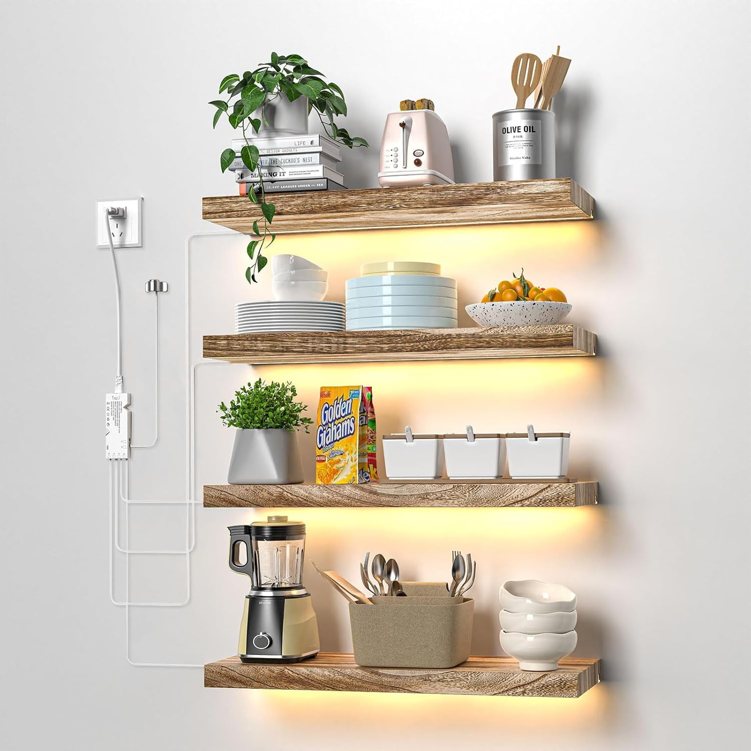 4 Pack Wooden Floating Shelves, Invisible Wall Mounted Display Shelves ...