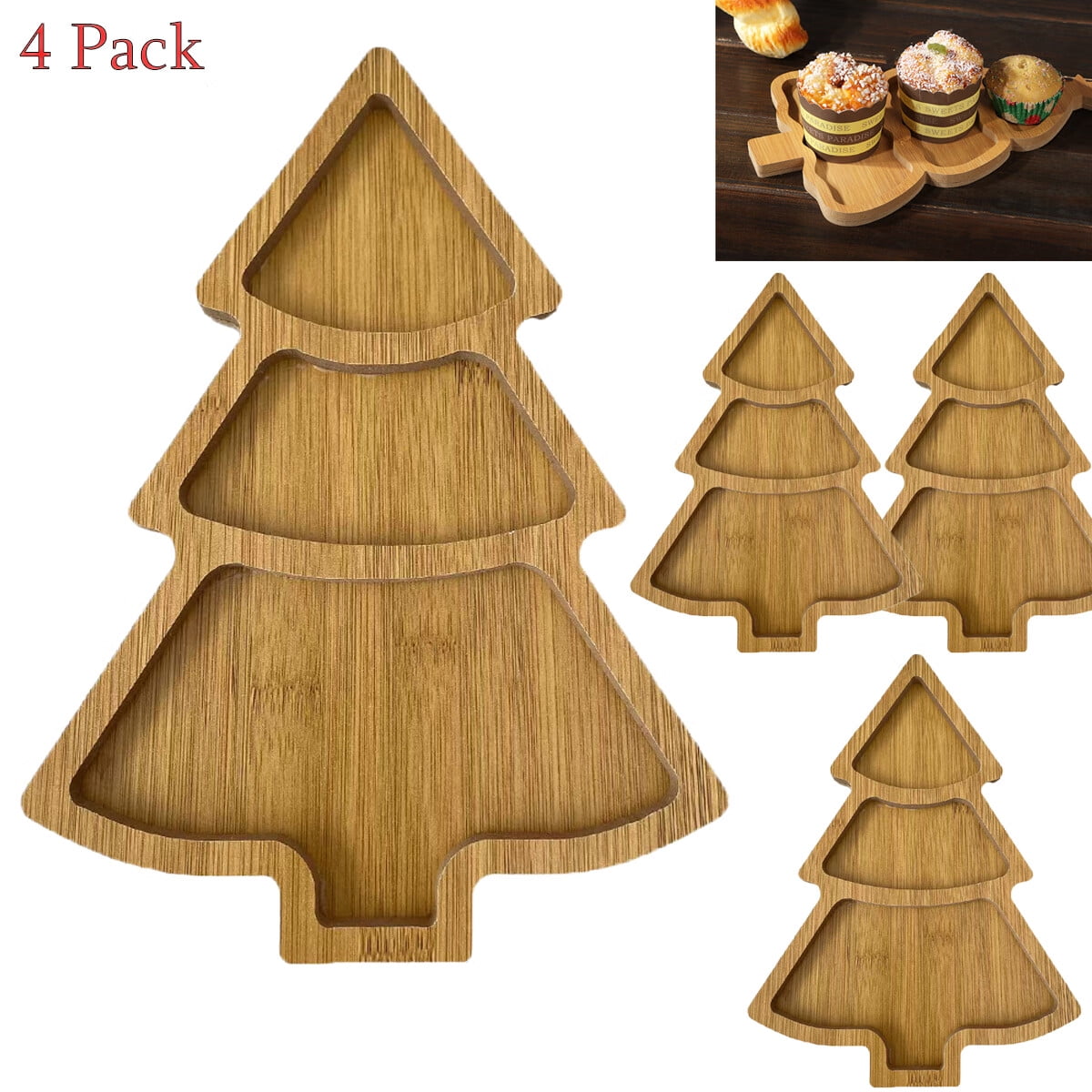 4 Pack Wooden Serving Tray Christmas Tree Tray Plate Christmas Tree ...