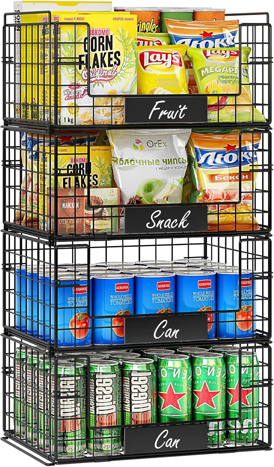 4 Pack XXL Stackable Wire Baskets with Handles for Pantry Storage and ...