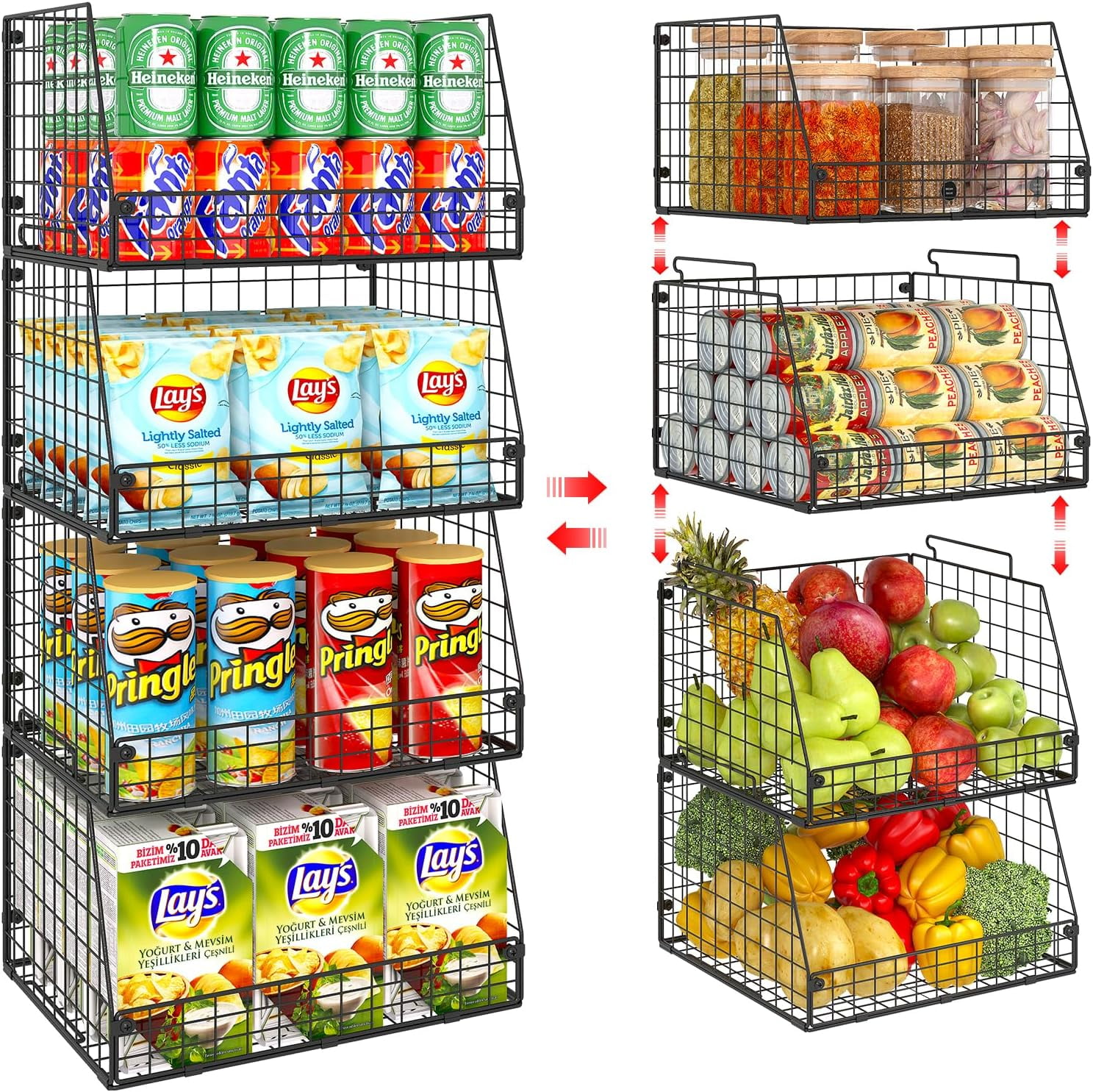 4 Pack XXL Stackable Wire Storage Basket, Extra Large Capacity Pantry ...