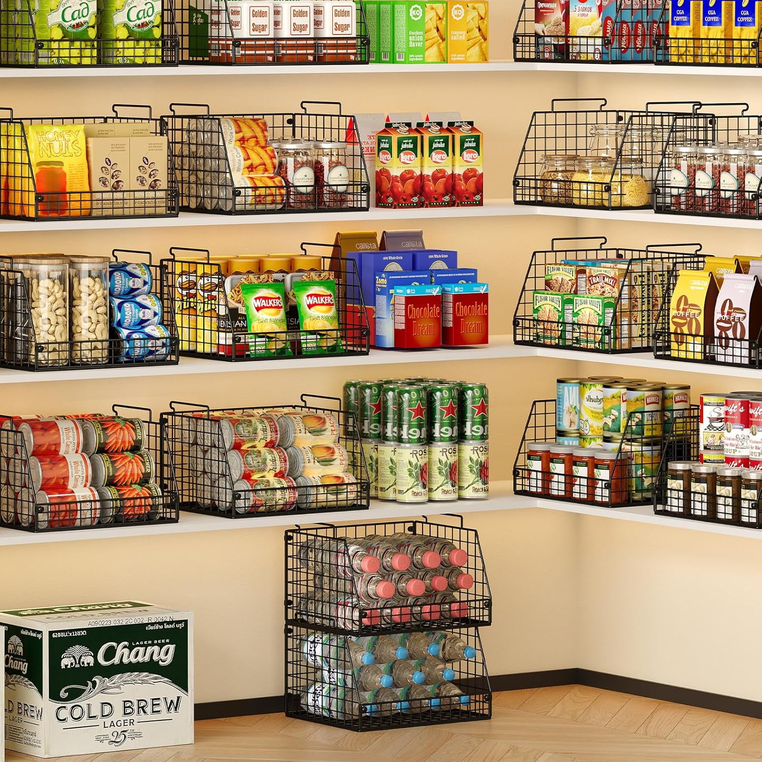 4 Pack XXL Stackable Wire Storage Baskets, Extra Large Pantry Organizer ...