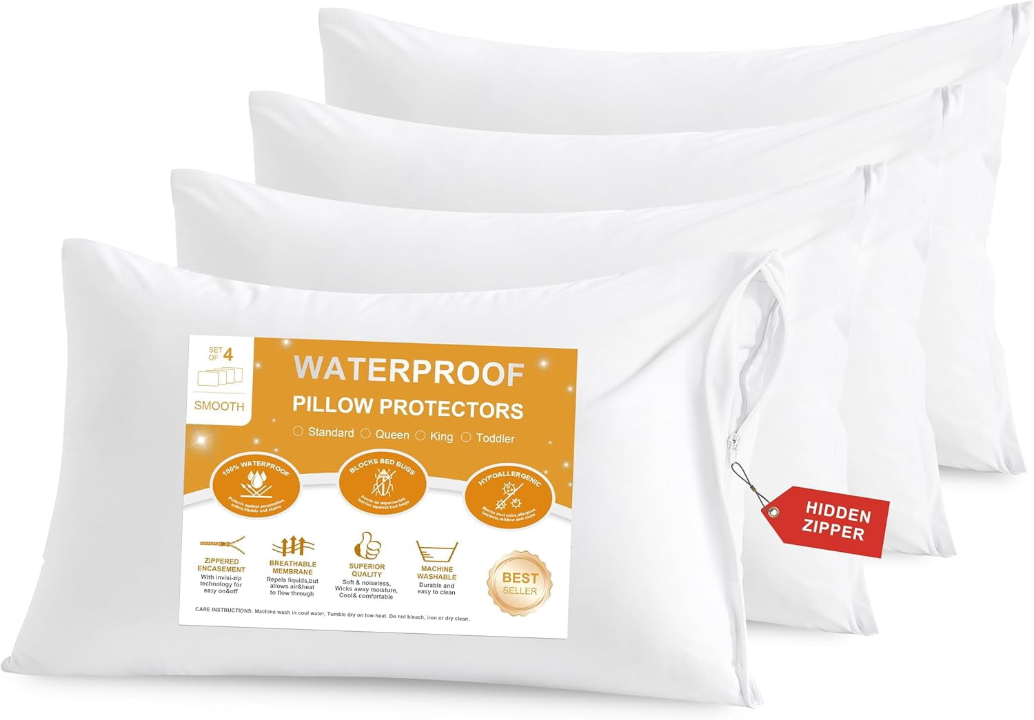 4 Pack Zippered Waterproof Queen Pillow Protectors, Super Soft Quiet ...