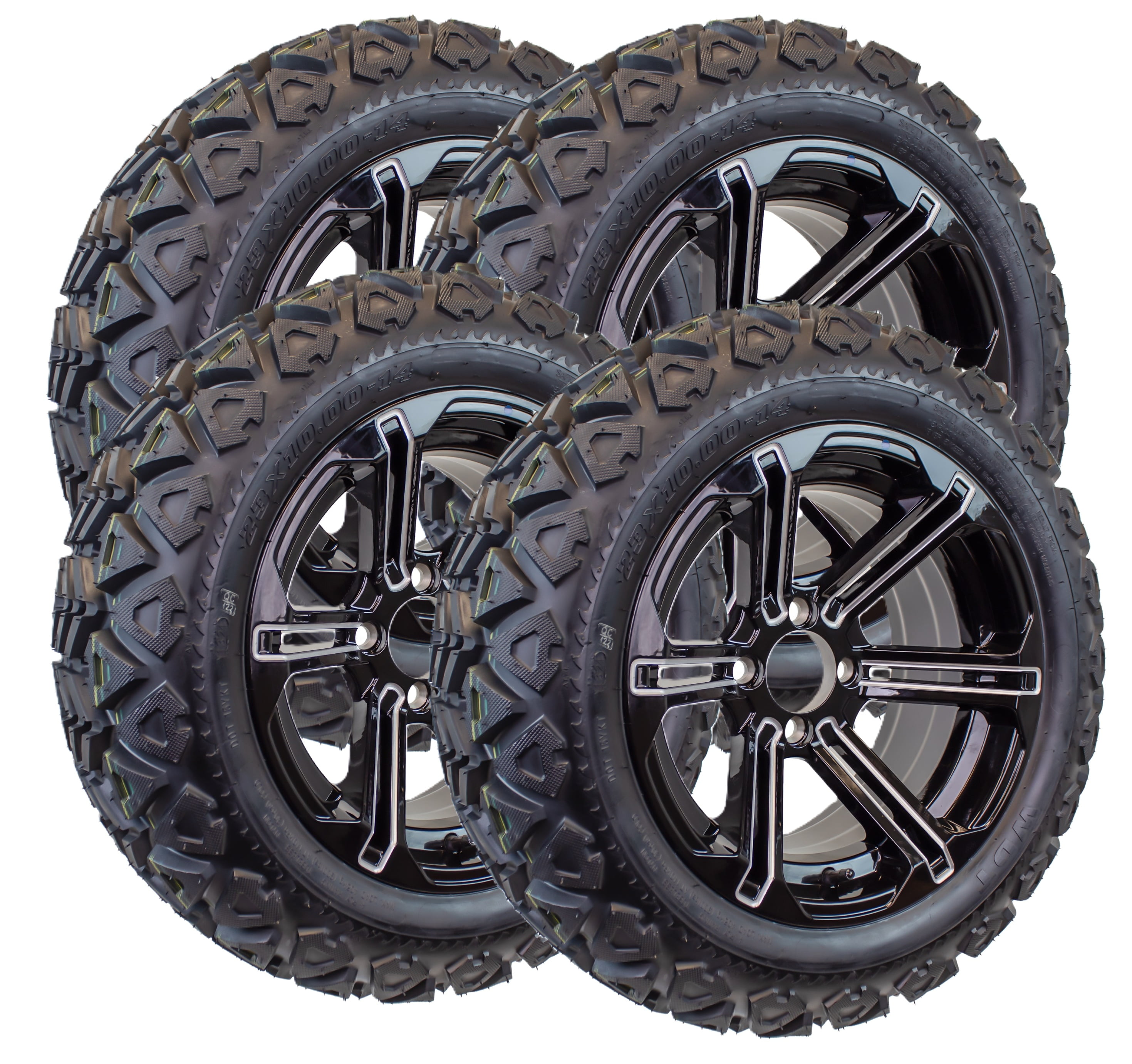 4-Pack 23X10.00-14 Golf Cart ATV Offroad Tire On 14X7 Gloss Black Rim ...