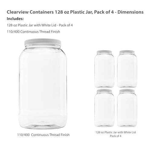 4 Pack of 128 Ounce Plastic Gallon Jars with 110/400 Leak Proof Seal ...