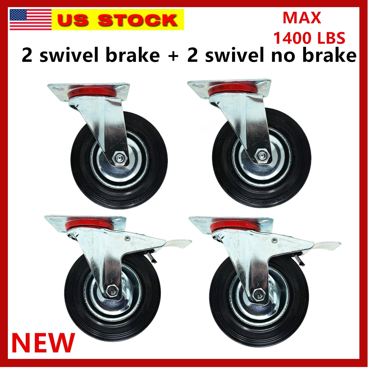 4 Pack of 5 in Swivel Caster Wheel (2 Brake and 2 without) Top Plate ...