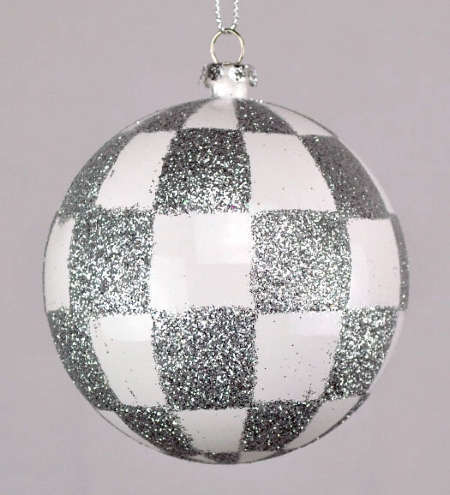 4 Pack of Silver and White Checkered Ball Ornaments with Glitter ...