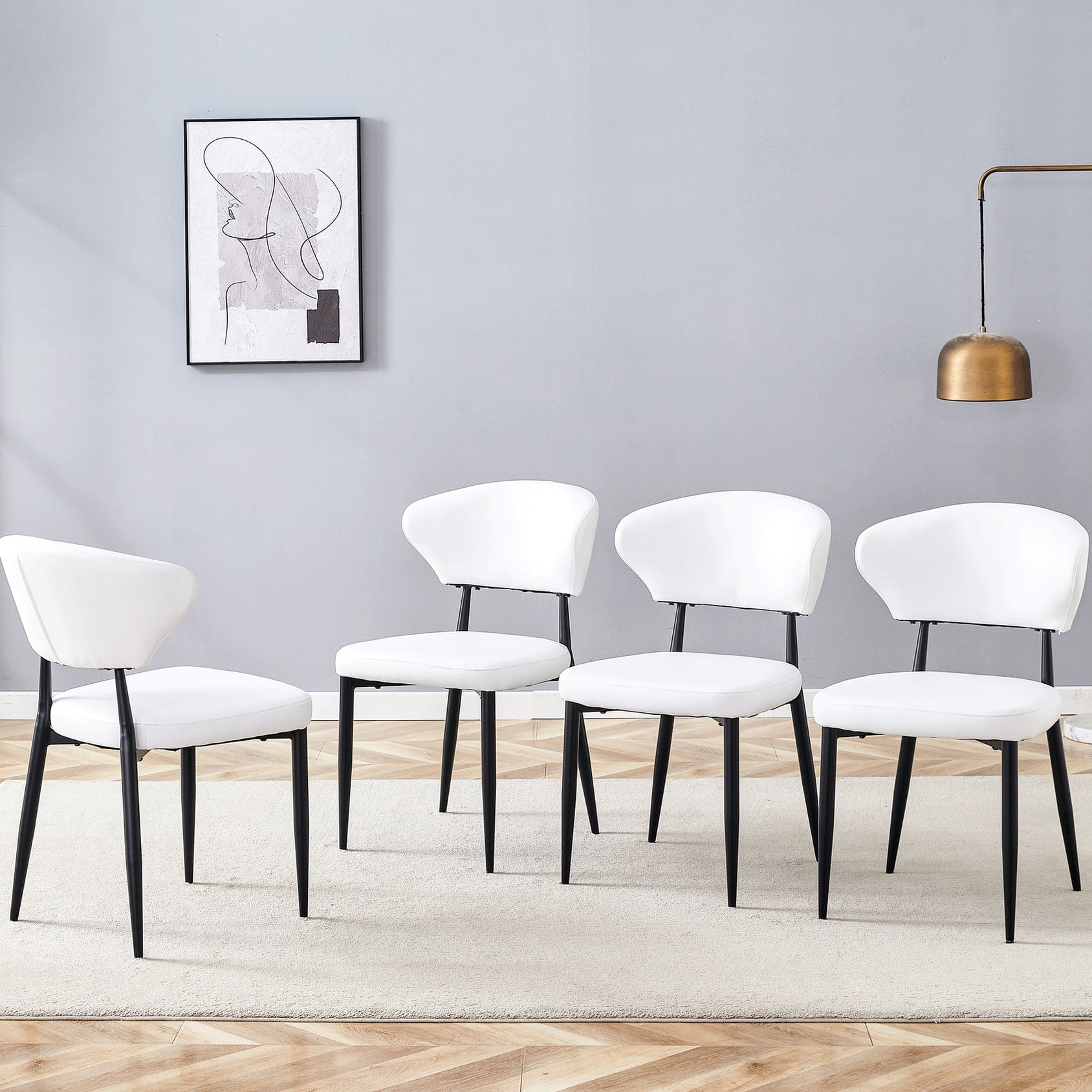 4 Pack of White Dining Chairs with Black Legs | Curved Back for Body ...