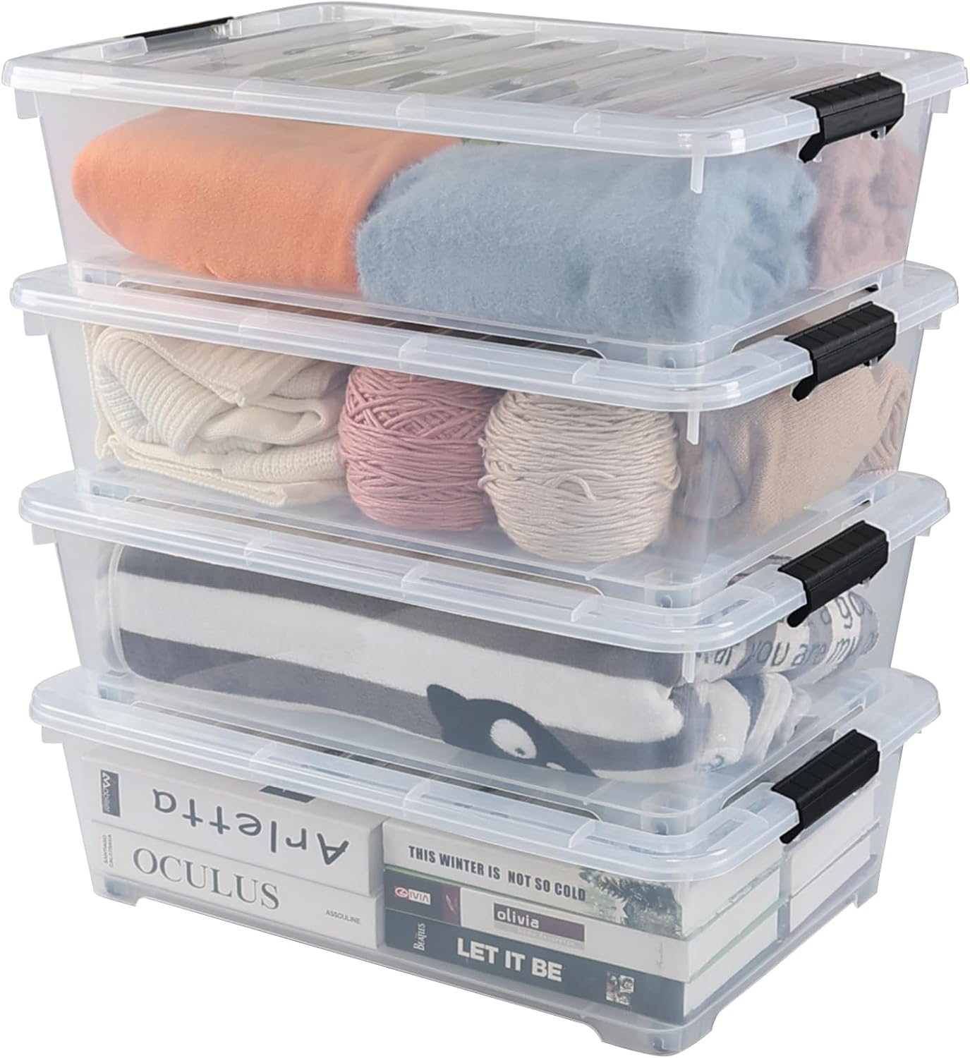 4 Packs 25 L Clear Wheeled Latching Storage Boxes, Underbed Container ...