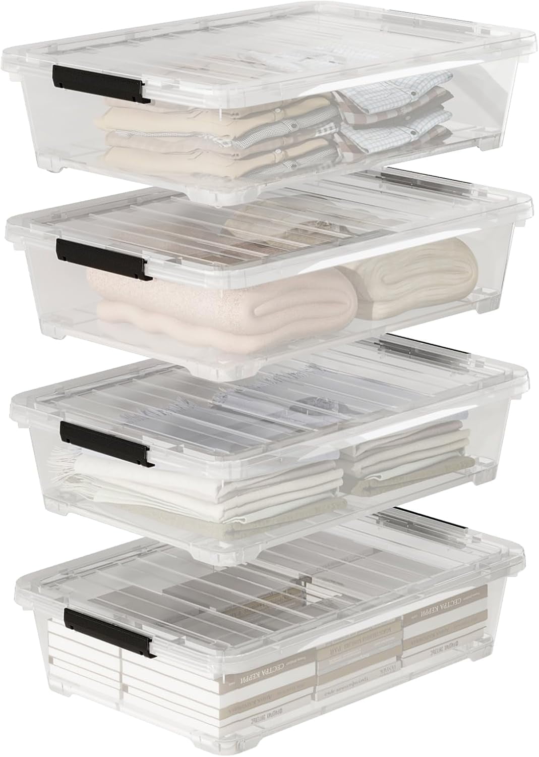 4 Packs 25 L Plastic Under Bed Boxes with Wheels, Flat Stackable ...