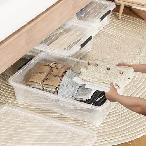 4 Packs 25 L Plastic Under Bed Boxes with Wheels, Shallow Storage Bins ...