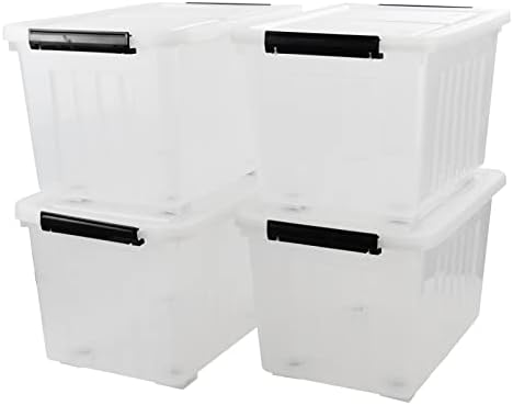 4 Packs 30 L Plastic Latch Storage Box, Clear Bin with Lid and Wheels ...