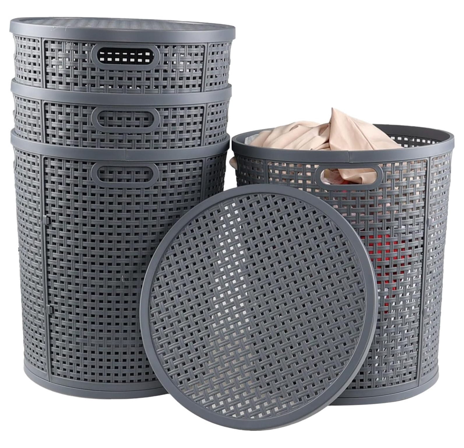 4 Packs 40 Liter Round Plastic Laundry Baskets, Grey Plastic Dirty ...