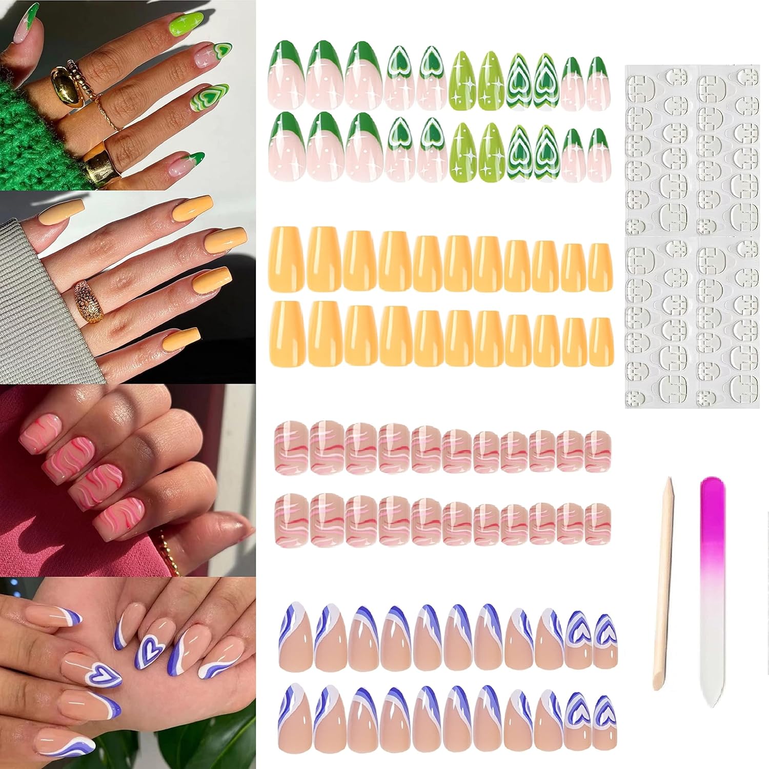 4 Packs (96 Pcs) Press on Nails Medium Design, Fake Nails Almond Square ...