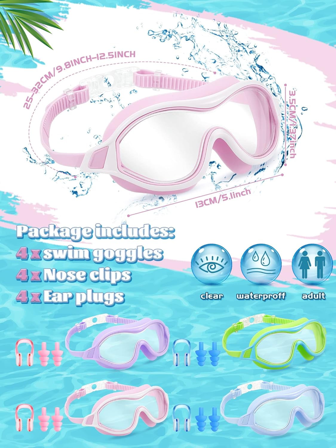 4 Packs Anti Fog Swimming Goggles with Soft Silicone Gasket, Wide Pool ...