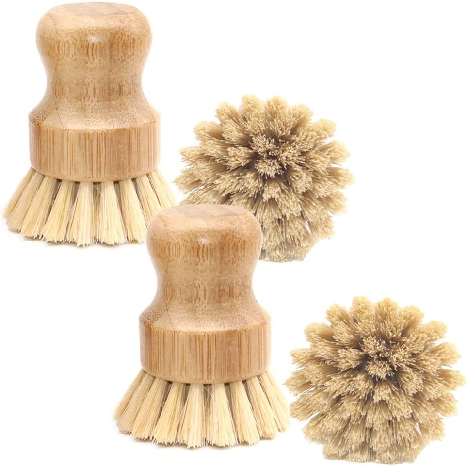 4 Packs Bamboo Palm Scrub Brush Sisal Dish Brush Round Natural Dish ...