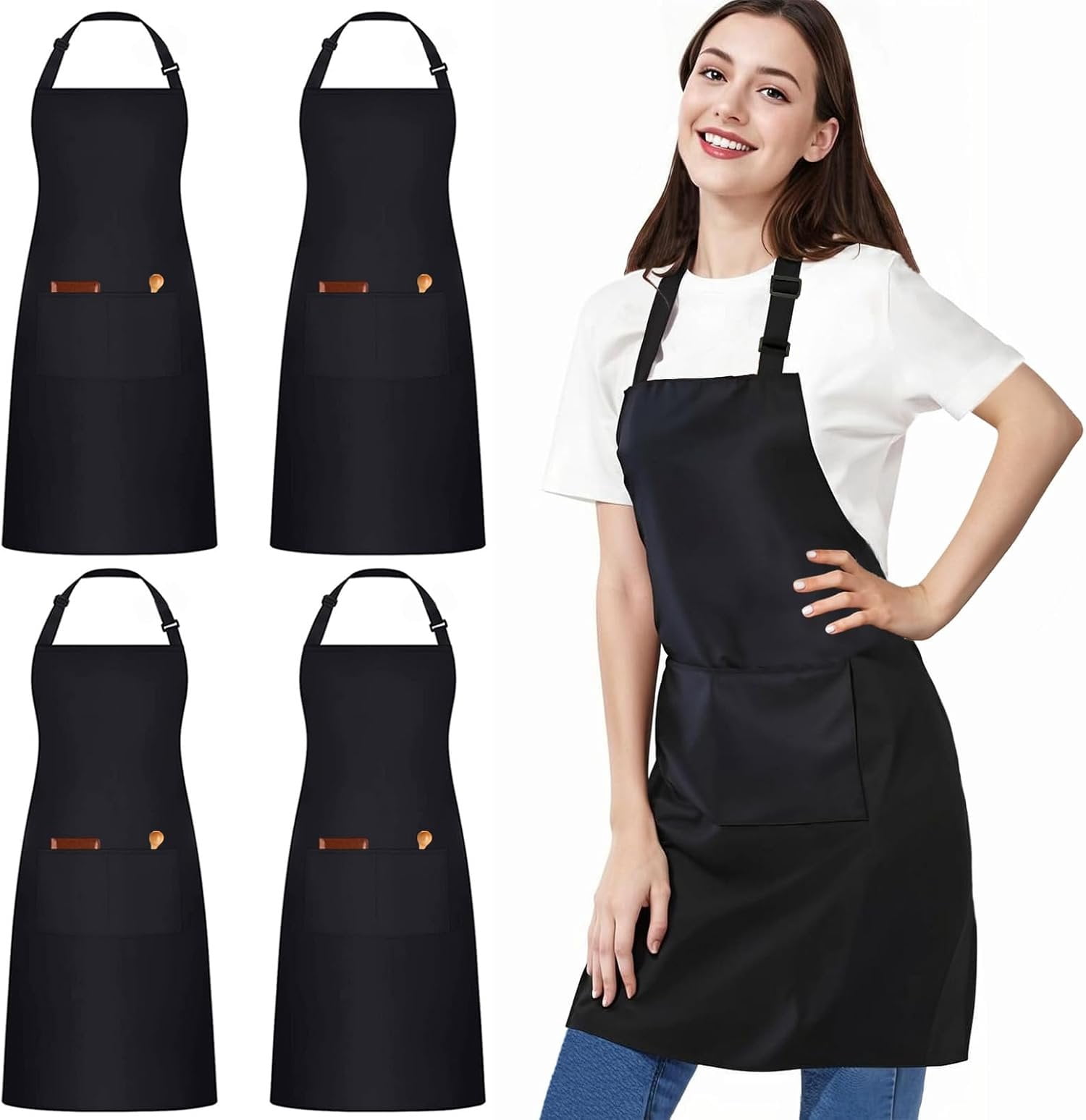 4 Packs Black Apron, Adjustable Apron with 2 Pocket for Men Women ...