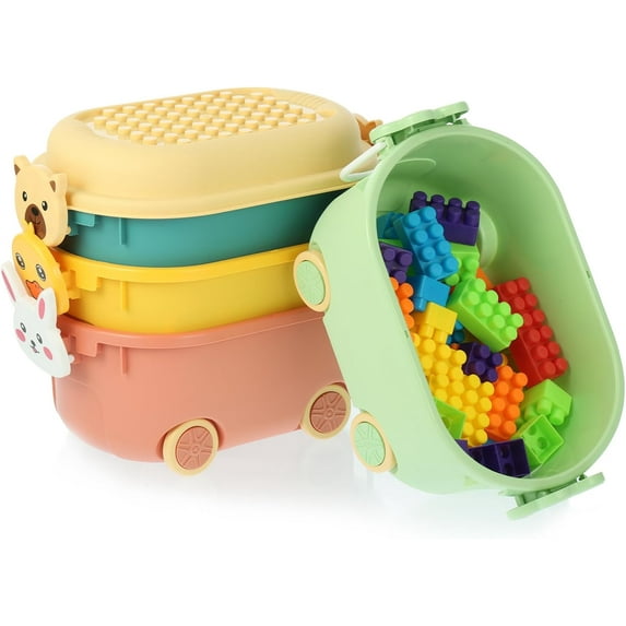 4 Packs Cartoon Toy Storage Bin Box with Lid,Plastic Stackable ...