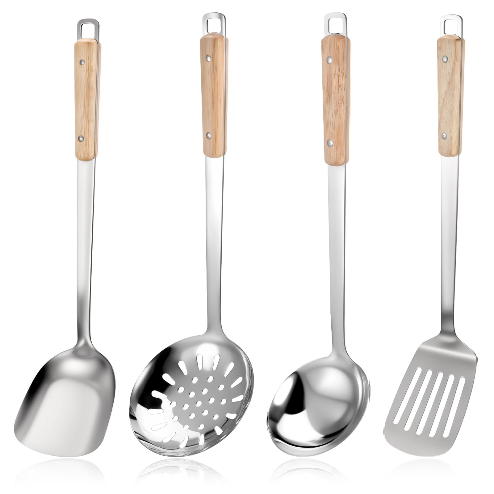 4 Packs Cooking Utensils Set Wooden Handle Wok Spatula Stainless Steel ...