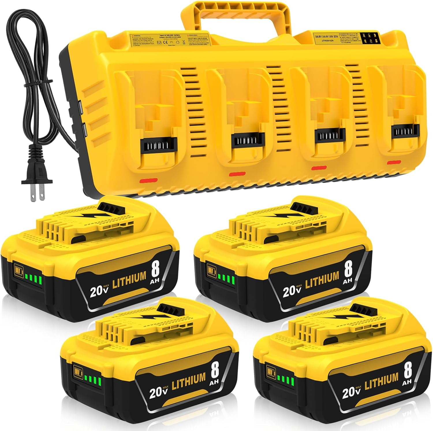4 Packs DCB206 8.0Ah Replacement for Dewalt 20V Max and 4-Port Charger Compatible with Dewalt ...