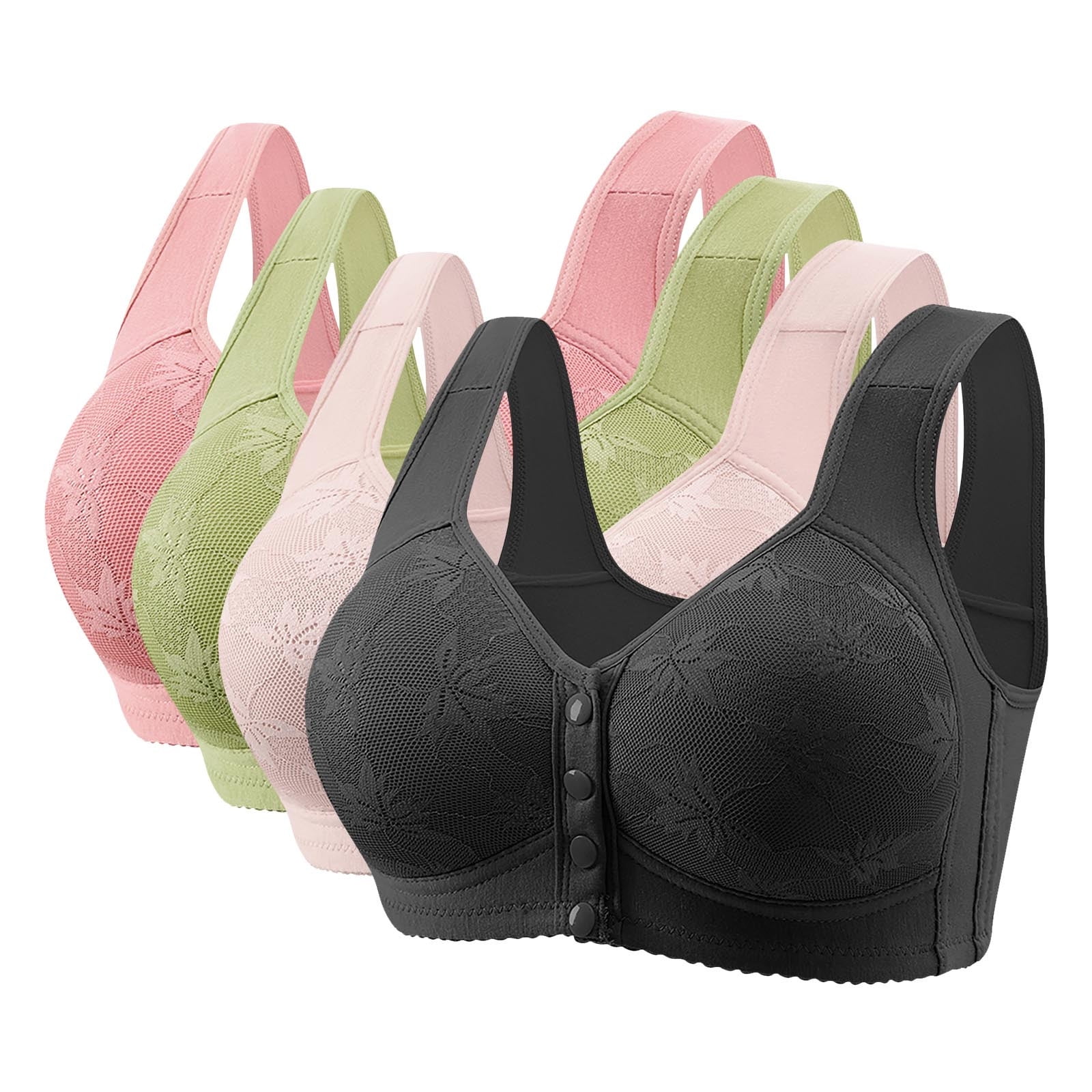 4 Packs Daisy Bras for Older Women Push Up No Underwire Full Coverage Lace Bra Convenient Front ...