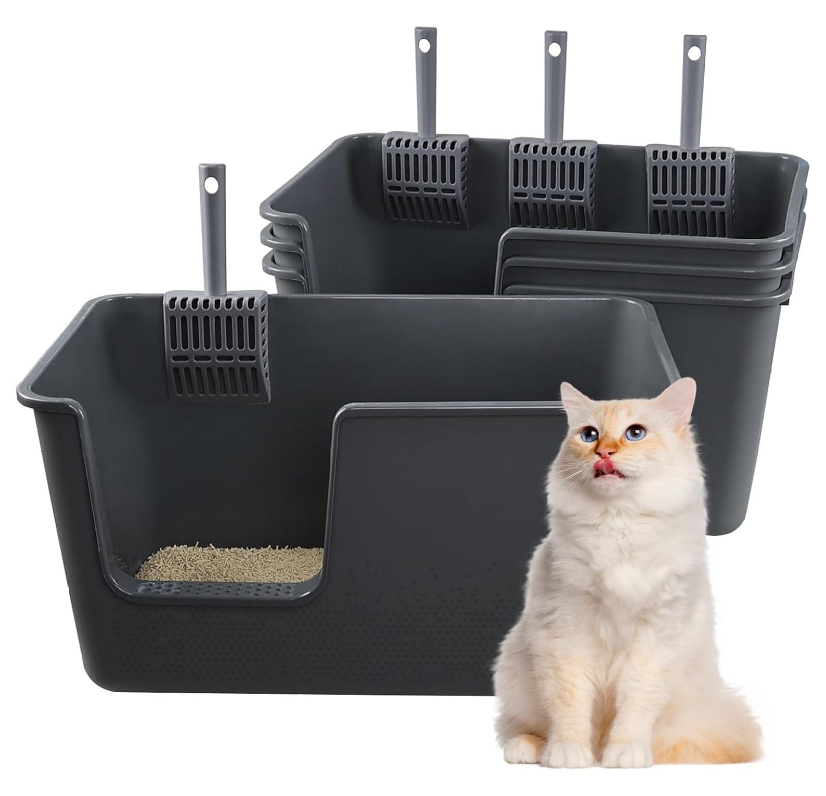 4 Packs Extra Large Open Litter Box with High Side, Plastic Cat Litter ...