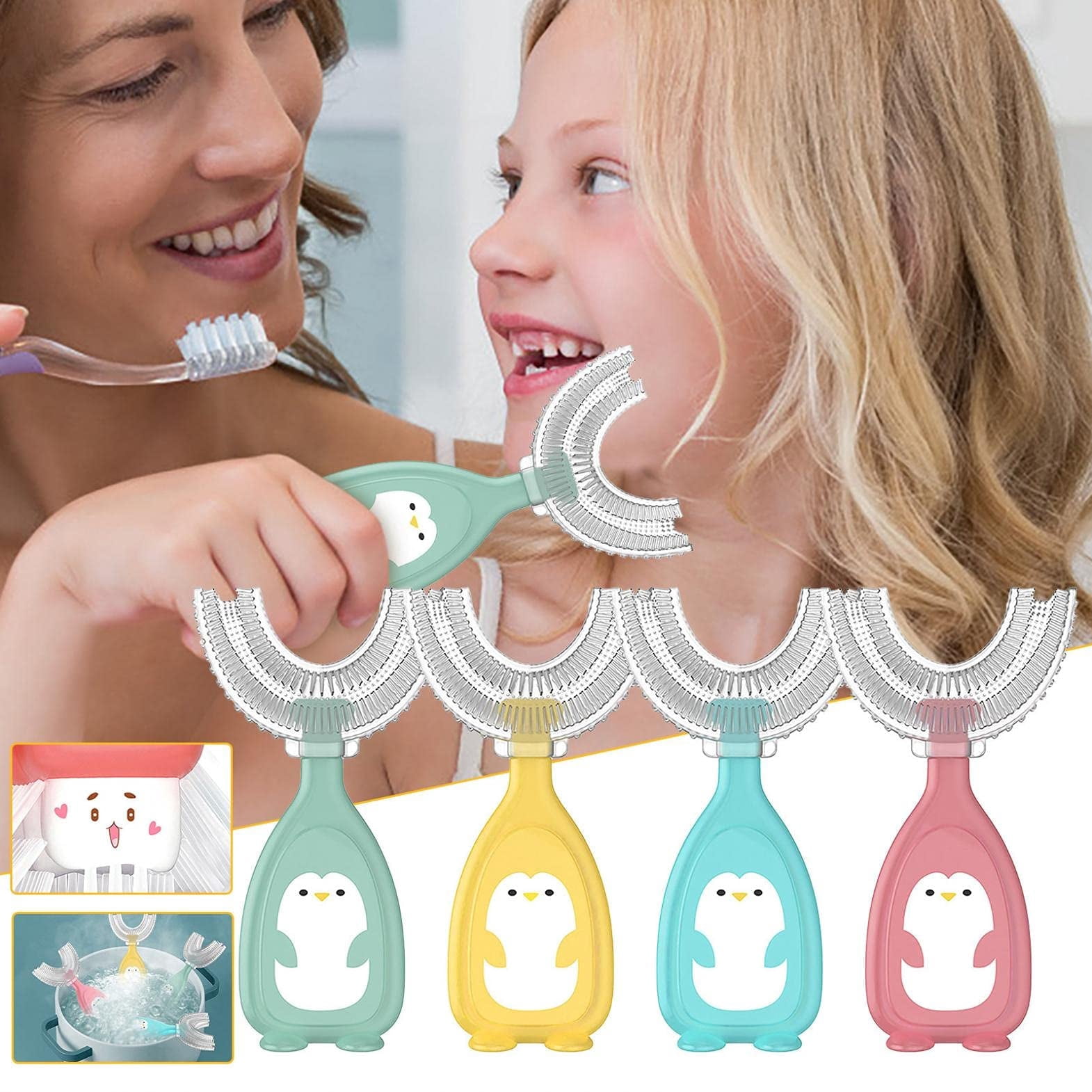 4 Packs Kids U Shaped Toothbrush, Soft Silicone, Age 2-6, 360 Degree ...