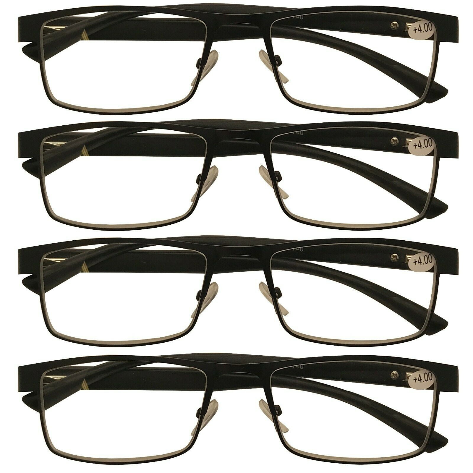 4 Packs Mens Rectangle Metal Frame Reading Glasses Black Spring Hinge ...